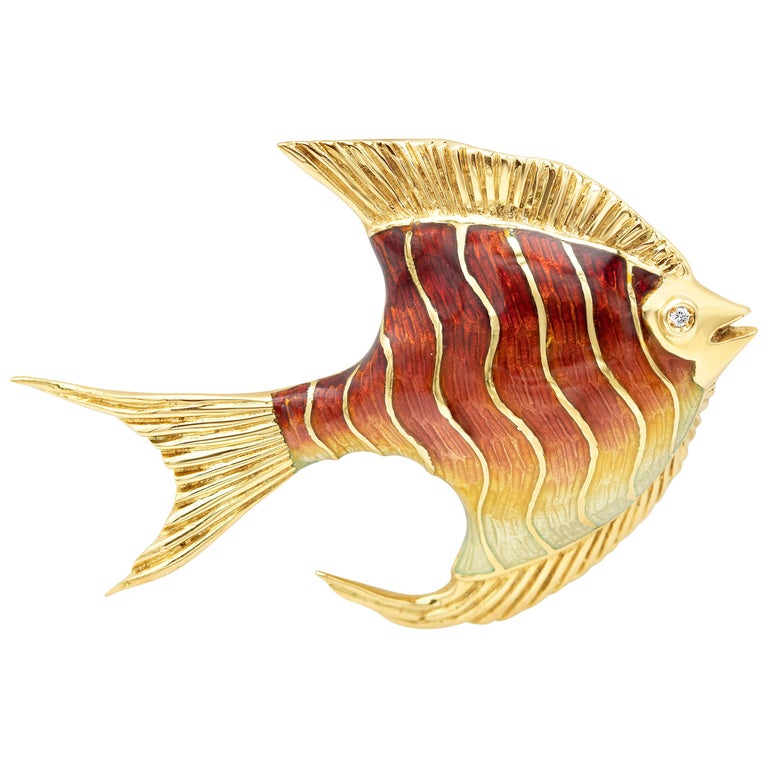 18k Yellow Gold, Diamond, and Enamel Angel Fish Brooch For Sale at 1stDibs
