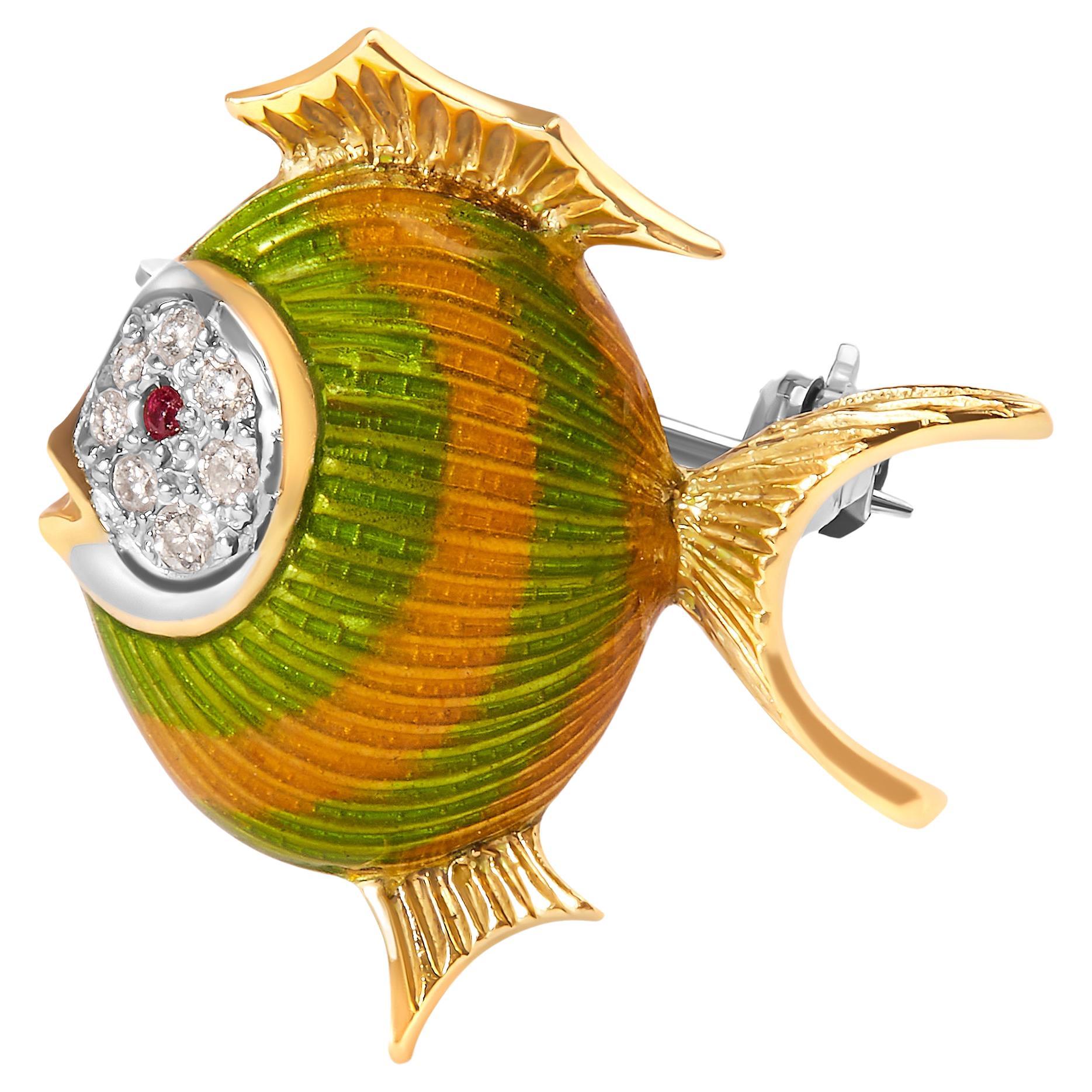 Vintage Diamond Ruby Sapphire and Enamel 18K Yellow Gold Dragon Brooch ...