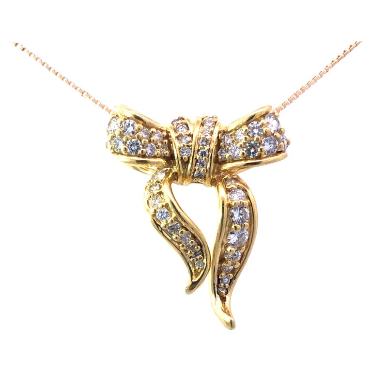 18k Yellow Gold Diamond Bow Pendant and Chain For Sale at 1stDibs