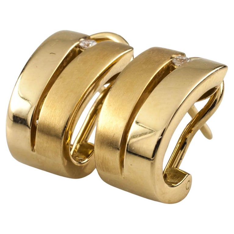 18k Yellow Gold and Diamond Double Semi-Hoop Earrings with Omega Backs ...