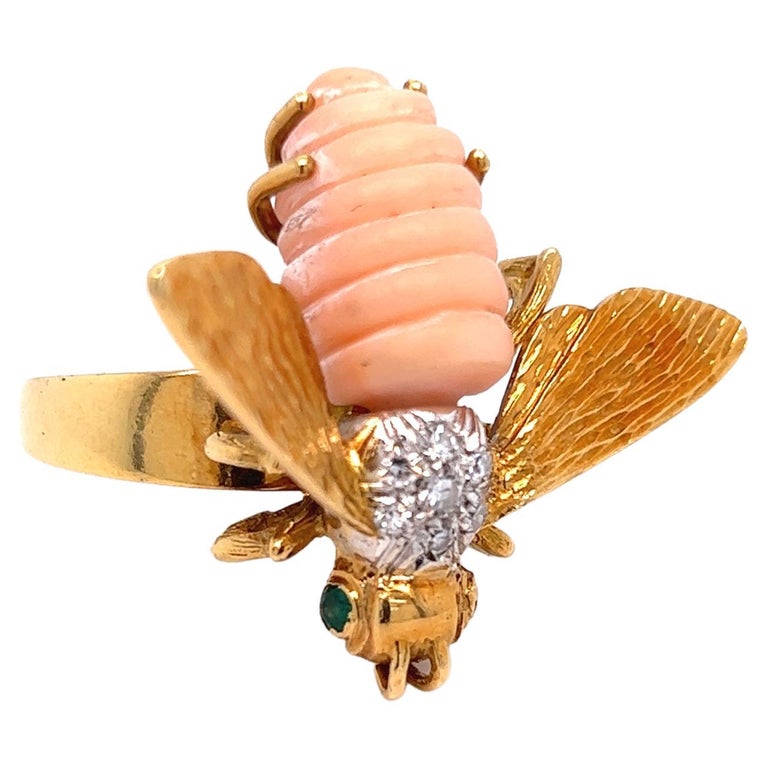 18K Yellow Gold Diamond Emerald and Angel Skin Coral Bumble Bee Ring ...