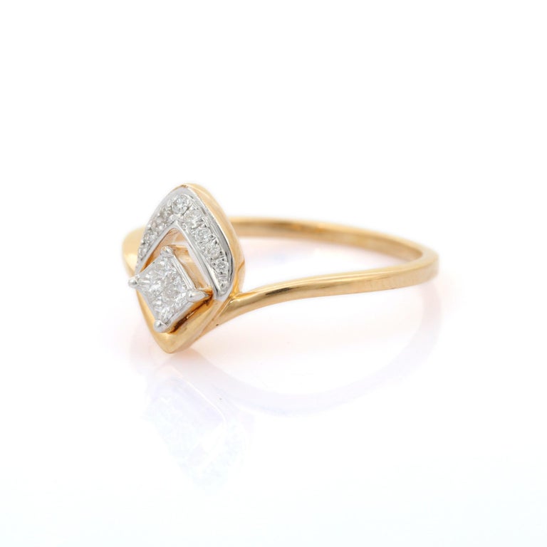 Customizable 18K Yellow Gold Diamond Leaf Stacking Ring, Minimalist ...
