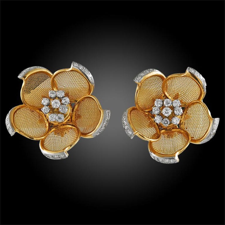 18 Karat Yellow Gold Diamond Mesh Flower Brooch, Earrings For Sale at ...