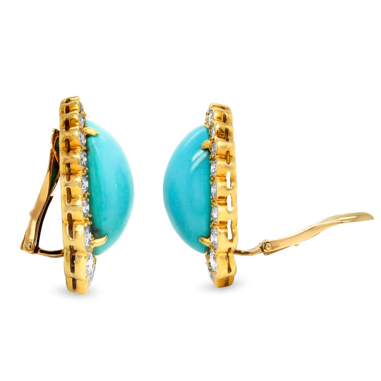 18 Karat Yellow Gold Diamond Oval Persian Turquoise Stud Earrings at 1stDibs