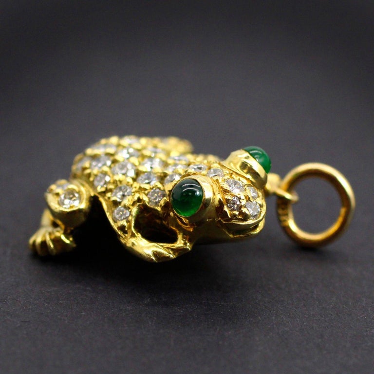 18 Karat Yellow Gold Diamond Pave "Frog" Pendant with Emerald Eyes For ...