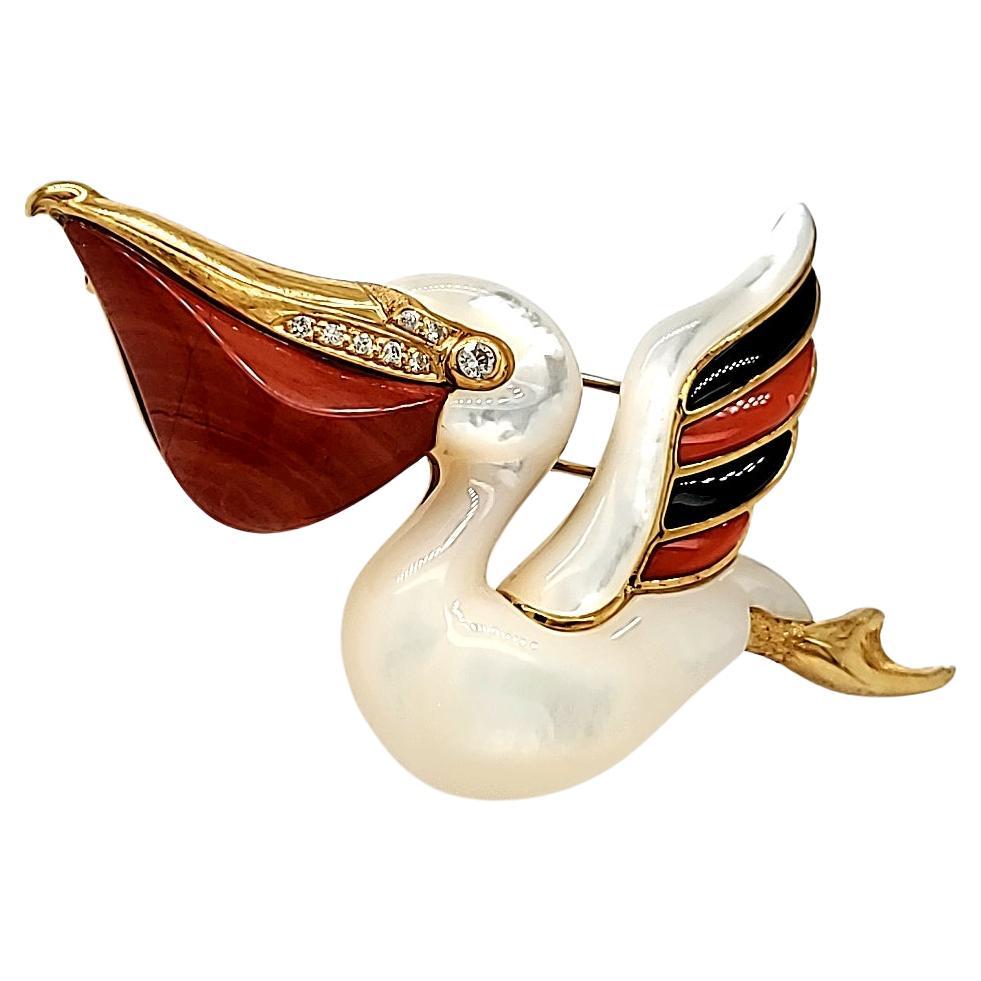 18k Gold Multi-Colored Sapphire Brooch with Pearls and Diamonds For ...