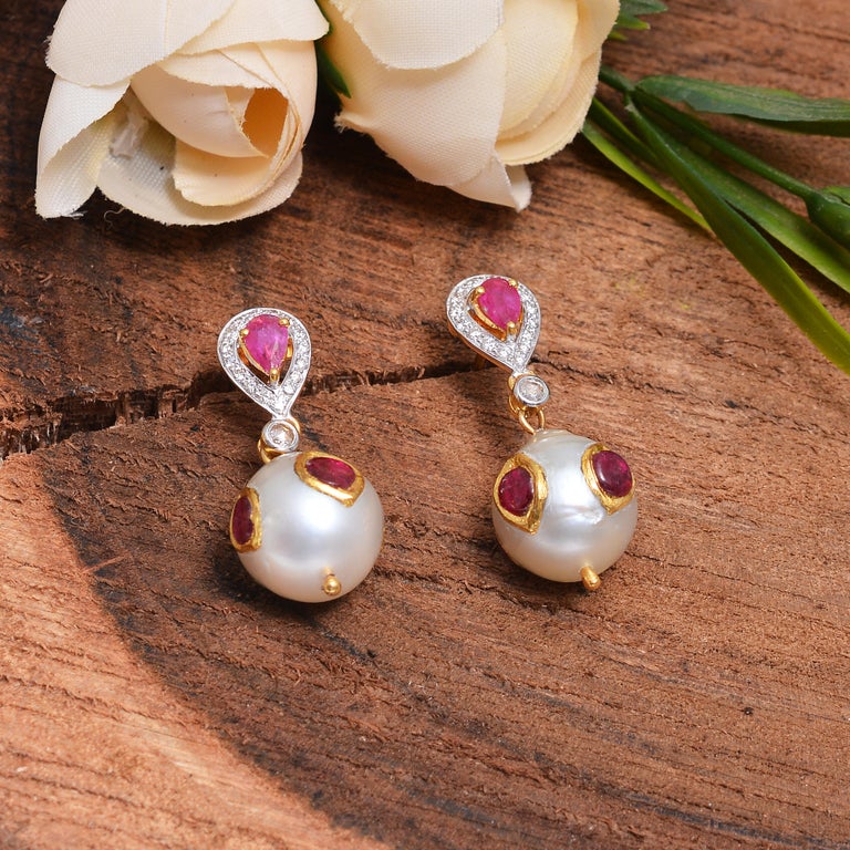 18K Yellow Gold Diamond Ruby Earrings For Sale at 1stDibs