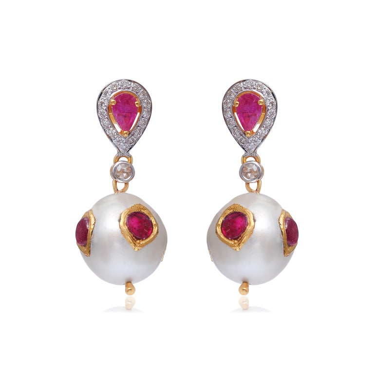 18K Yellow Gold Diamond Ruby Earrings For Sale at 1stDibs