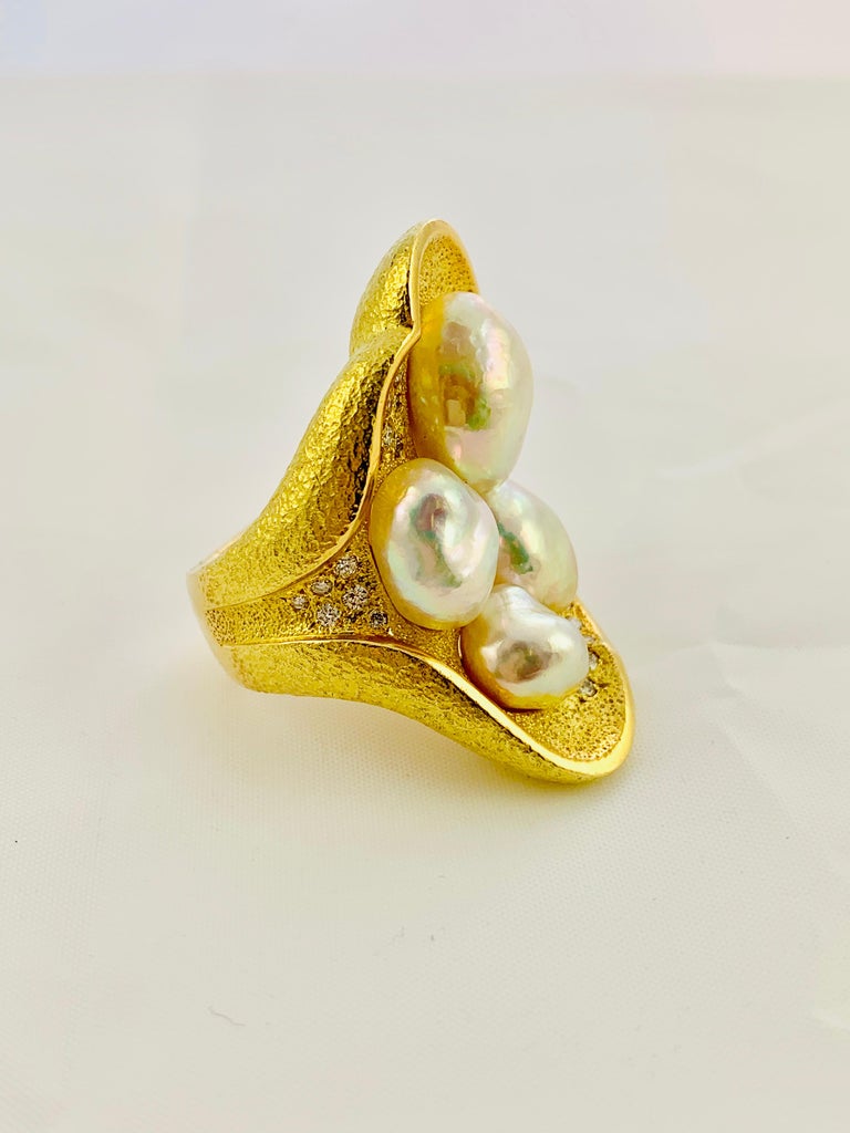 18 Karat Yellow Gold, Diamond and South Sea Pearl Saddle Ring at 1stDibs