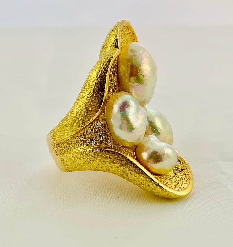 18 Karat Yellow Gold, Diamond and South Sea Pearl Saddle Ring at 1stDibs