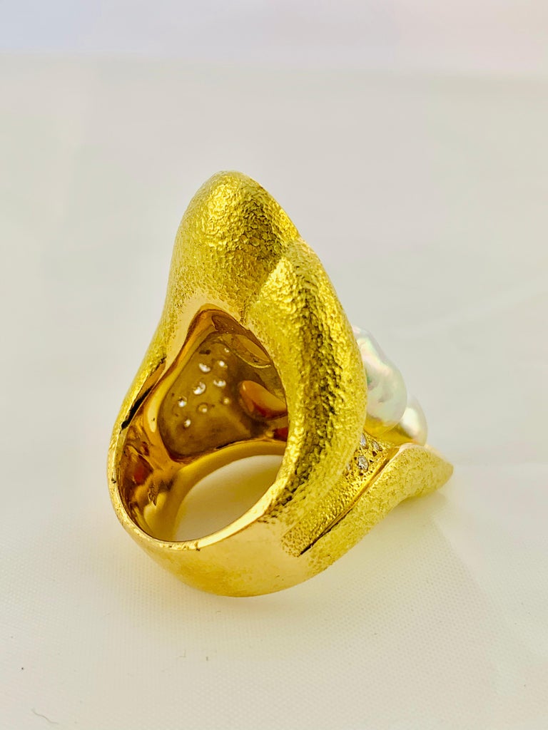 18 Karat Yellow Gold, Diamond and South Sea Pearl Saddle Ring at 1stDibs