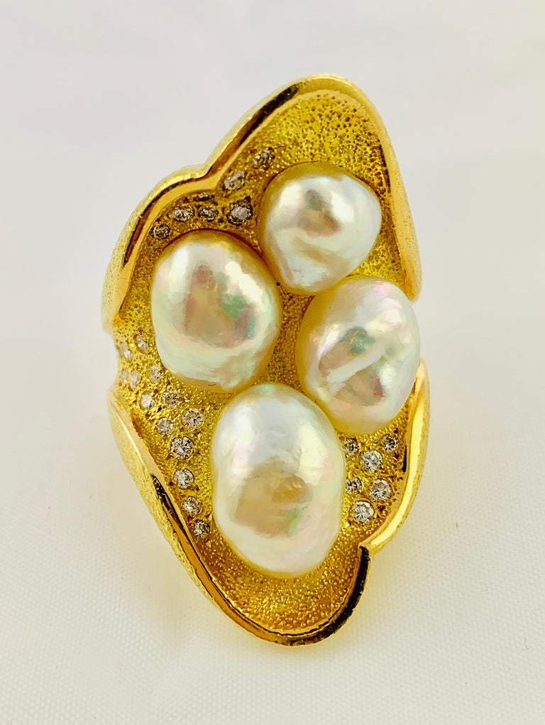 18 Karat Yellow Gold, Diamond and South Sea Pearl Saddle Ring at 1stDibs