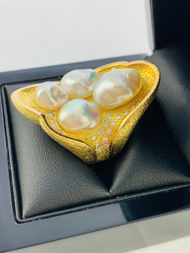 18 Karat Yellow Gold, Diamond and South Sea Pearl Saddle Ring at 1stDibs