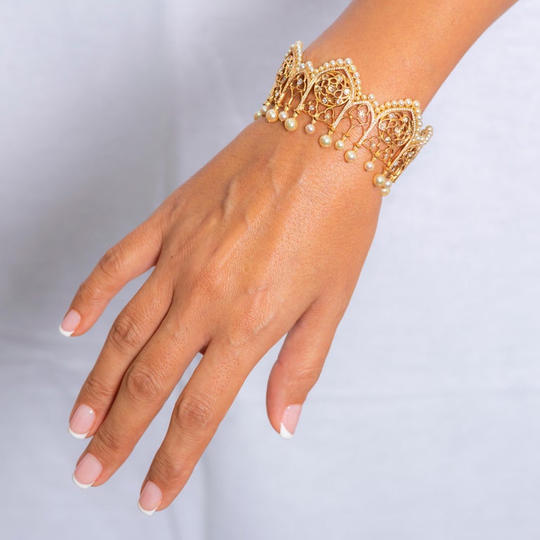 18K Yellow Gold, Diamonds, Baby Akoya Pearls, Bangle For Sale at 1stDibs