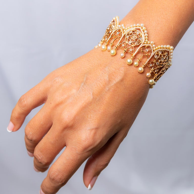 18K Yellow Gold, Diamonds, Baby Akoya Pearls, Bangle For Sale at 1stDibs