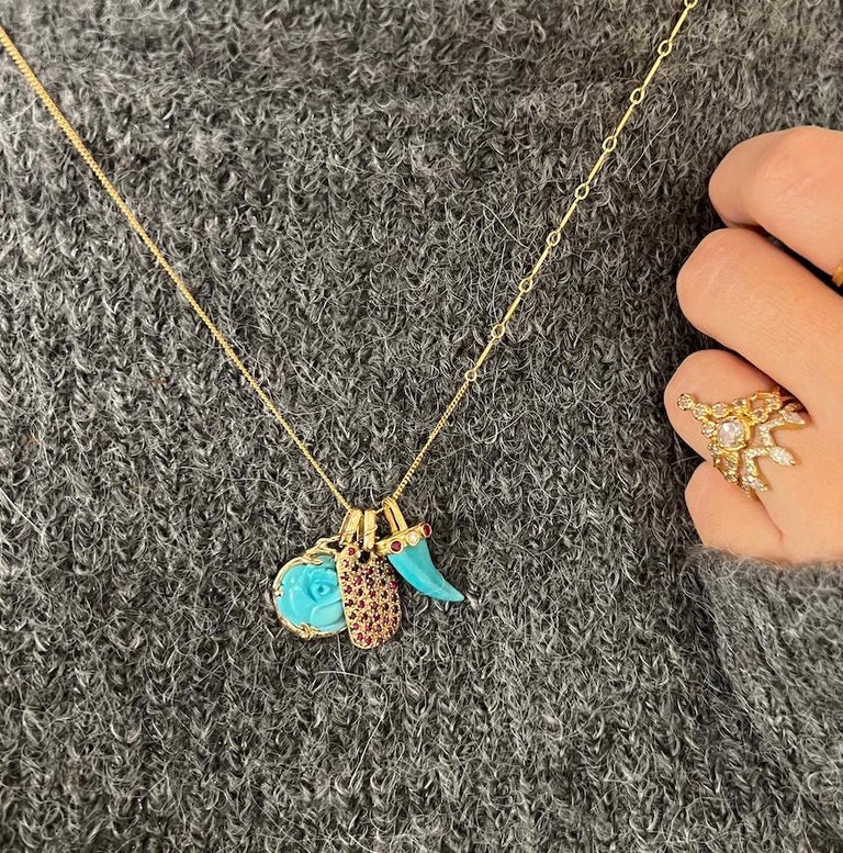 18k Yellow Gold Dotted Lucky Horn Charm in Turquoise, Ruby and Diamonds ...