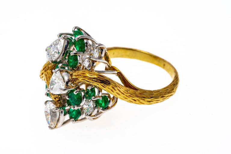 18k Yellow Gold Emerald and Diamond Bypass Cluster Ring, Bark Finish For Sale at 1stDibs