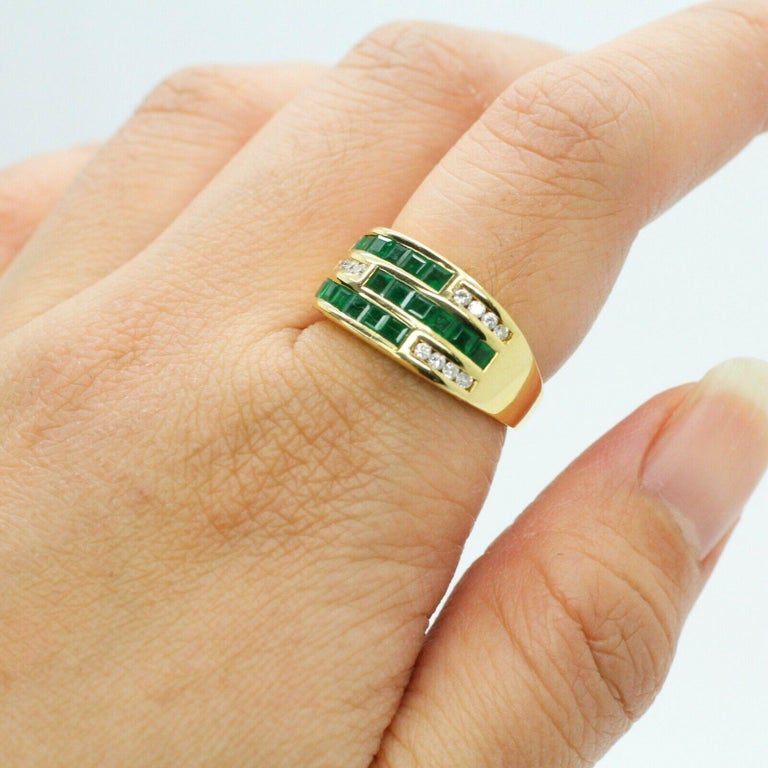 18k Yellow Gold Emerald and Diamond Channel Set Ring For Sale at 1stDibs
