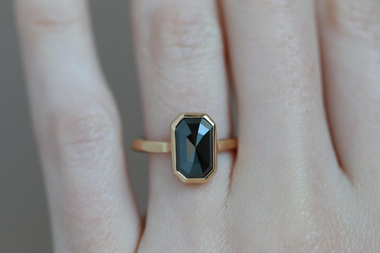 18k Yellow Gold Emerald Cut Black Diamond Ring For Sale at 1stDibs