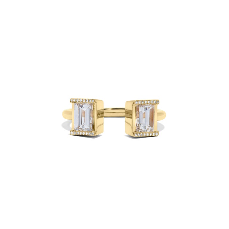 18K Yellow Gold Emerald Cut Two Stone Diamond Ring For Sale at 1stDibs