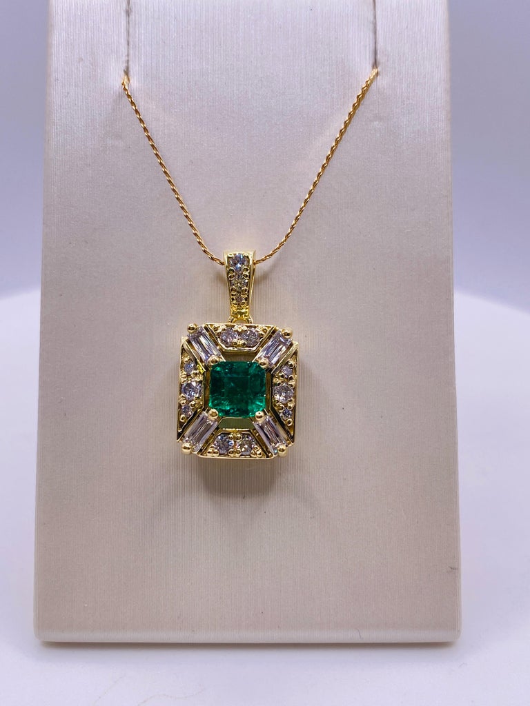 Custom Made Yellow Gold Emerald Diamond Pendant For Sale at 1stDibs