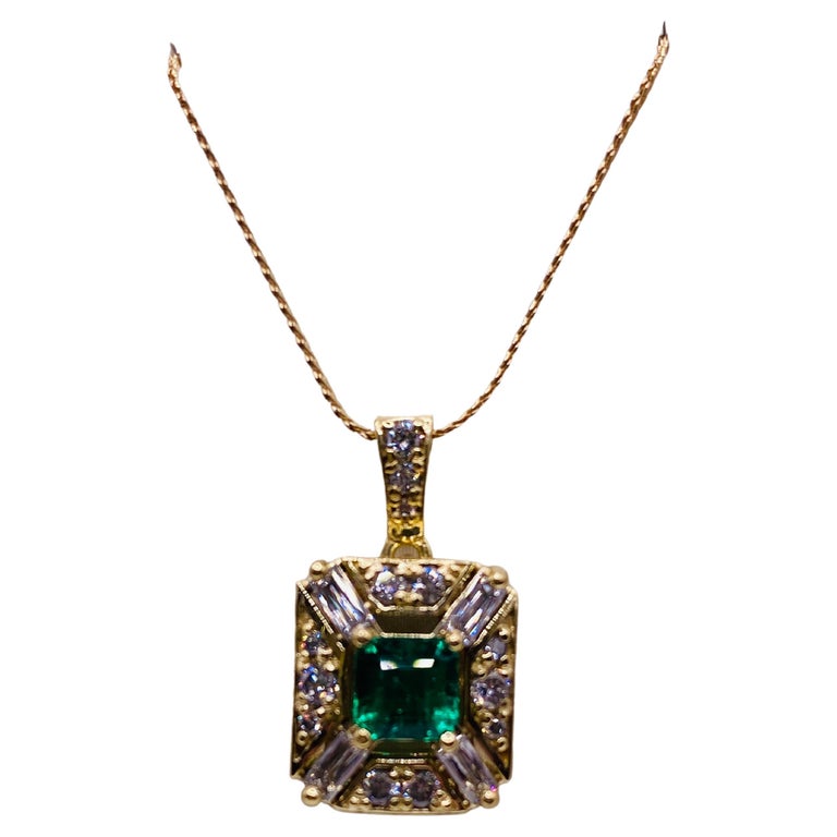 Custom Made Yellow Gold Emerald Diamond Pendant For Sale at 1stDibs