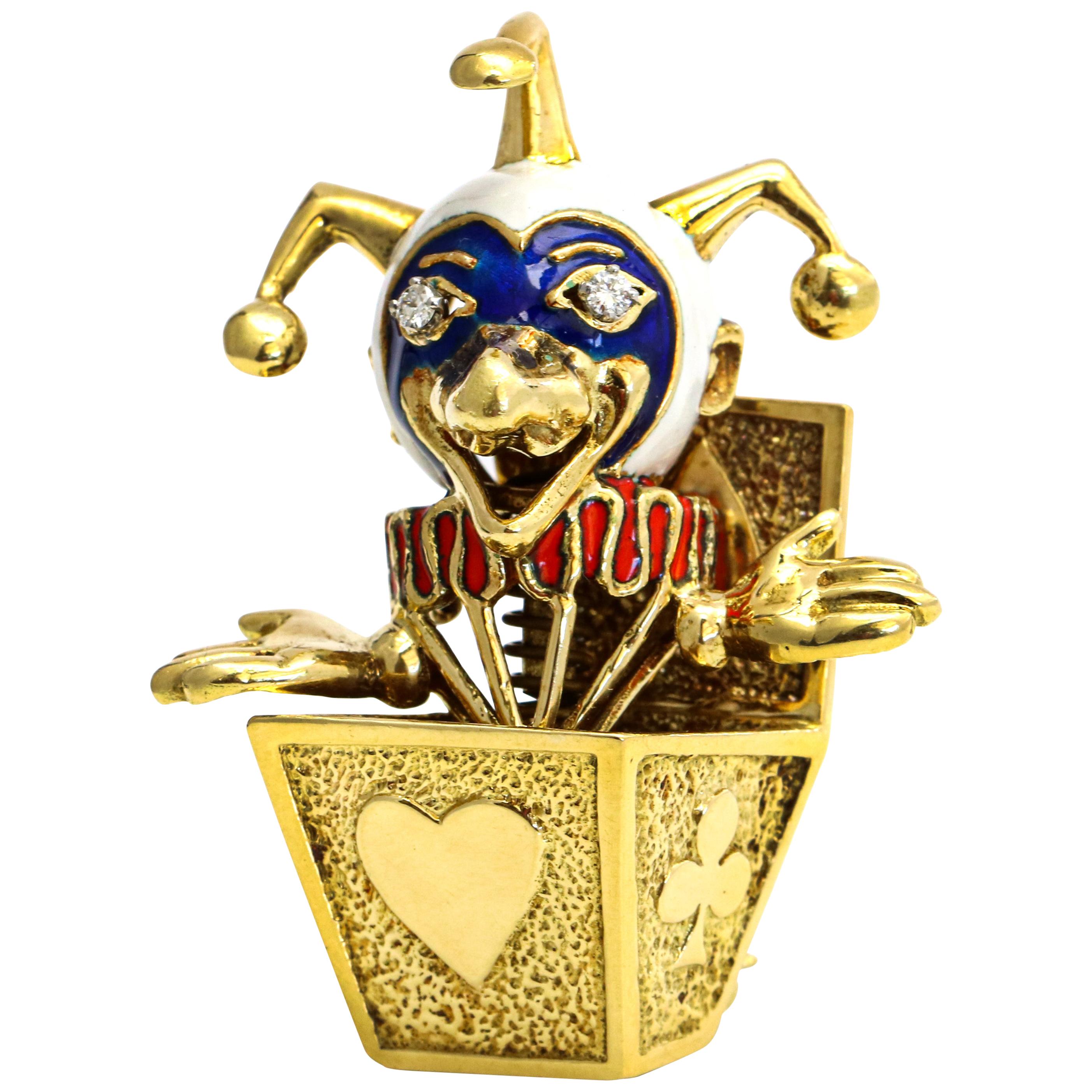 18 Karat Yellow Gold Enamel Clown in the Box Brooch For Sale at 1stDibs