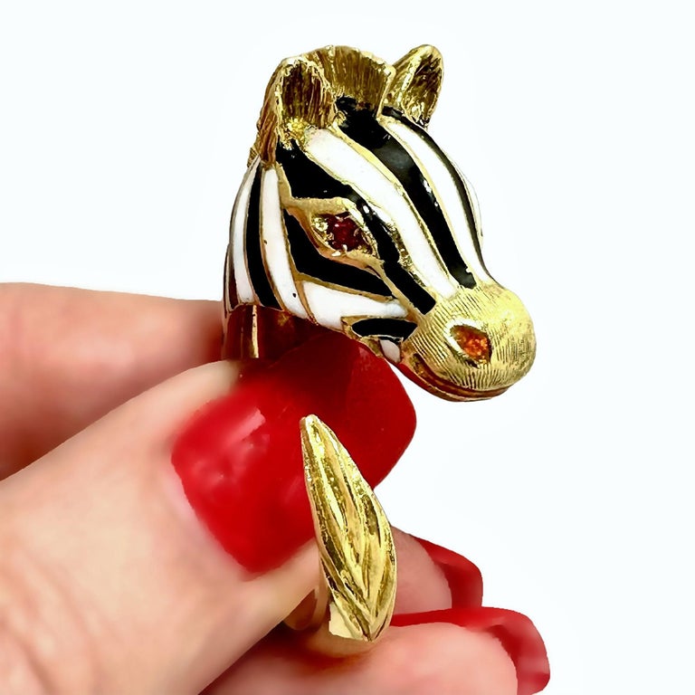 18K Yellow Gold, Enamel Zebra Ring with Ruby Eyes For Sale at 1stDibs
