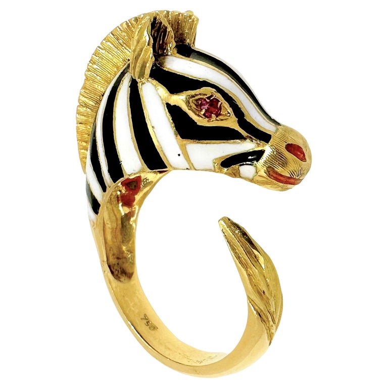 18K Yellow Gold, Enamel Zebra Ring with Ruby Eyes For Sale at 1stDibs