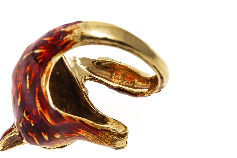 18k Yellow Gold Enameled Figural Fox Head to Tail Ring For Sale at 1stDibs