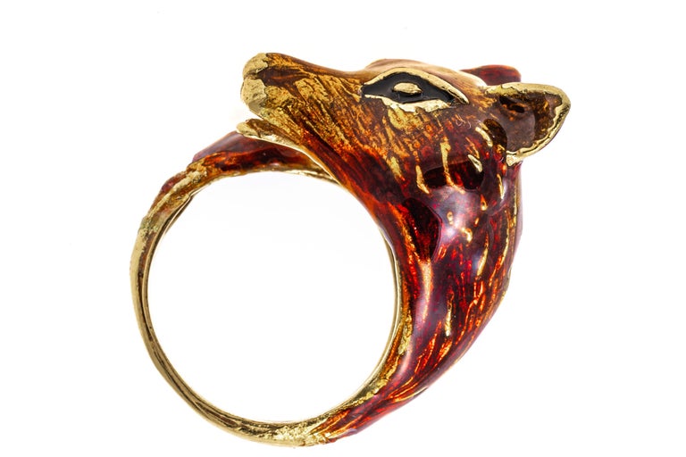 18k Yellow Gold Enameled Figural Fox Head to Tail Ring For Sale at 1stDibs