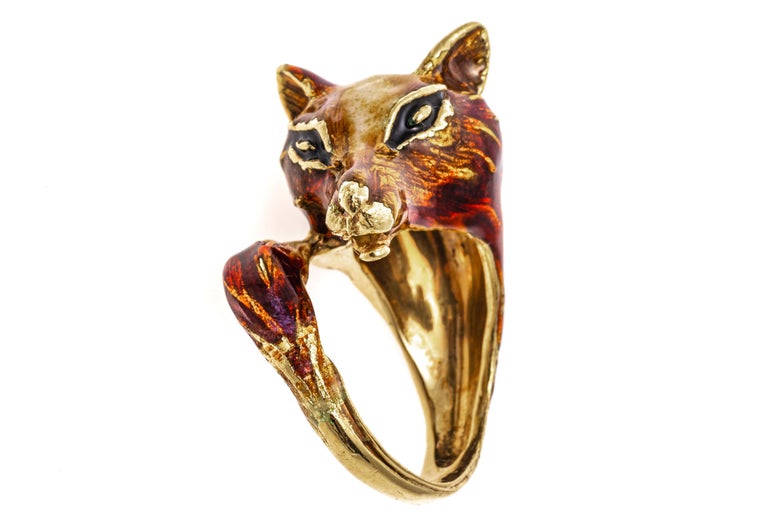 18k Yellow Gold Enameled Figural Fox Head to Tail Ring For Sale at 1stDibs