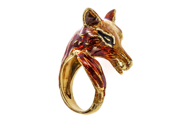 18k Yellow Gold Enameled Figural Fox Head to Tail Ring For Sale at 1stDibs