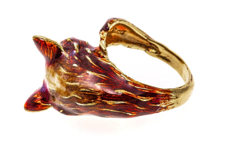 18k Yellow Gold Enameled Figural Fox Head to Tail Ring For Sale at 1stDibs