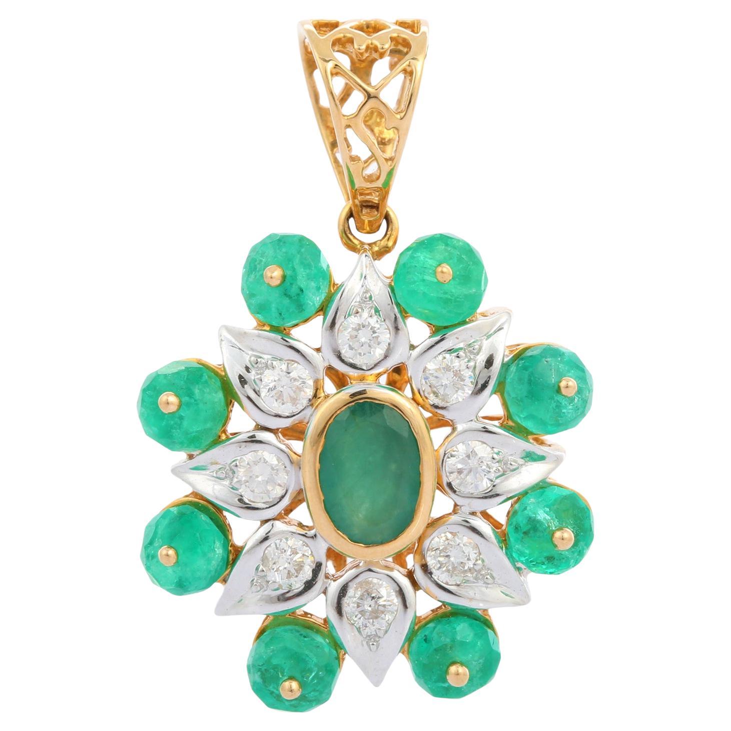 18K Yellow Gold Emerald and Clustered Diamond Pendant Necklace For Sale ...