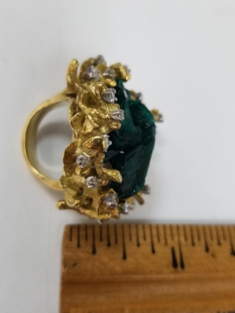 18 Karat Gold Freeform Leaf Design with Rough Emerald Cluster Diamond ...