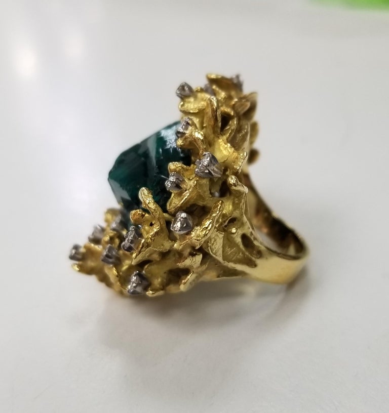18 Karat Gold Freeform Leaf Design with Rough Emerald Cluster Diamond ...