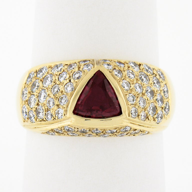 18K Yellow Gold GIA Bezel Triangular Ruby Solitaire Pave Diamond Dome ...