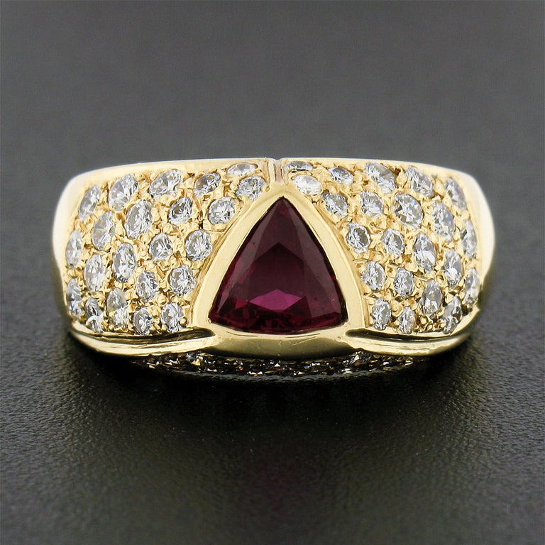 18K Yellow Gold GIA Bezel Triangular Ruby Solitaire Pave Diamond Dome ...