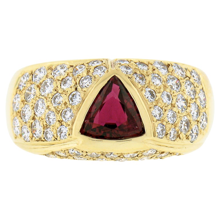 18K Yellow Gold GIA Bezel Triangular Ruby Solitaire Pave Diamond Dome ...