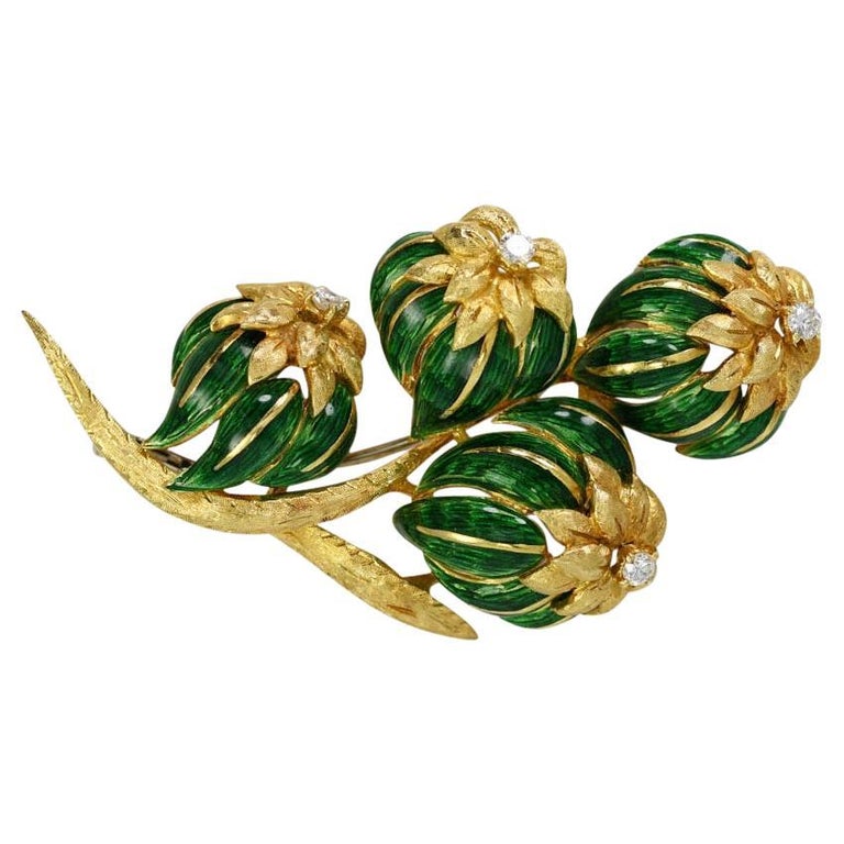 18k Yellow Gold Green Enamel and Diamond Brooch, 18.5g, .25tdw For Sale ...