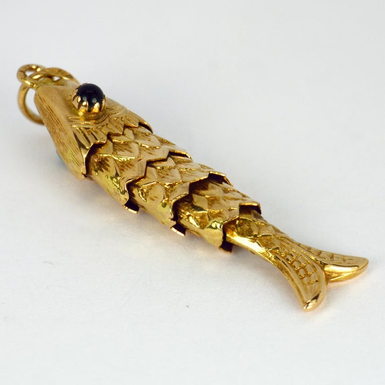 18 Karat Yellow Gold Green Paste Large Articulated Fish Charm Pendant ...