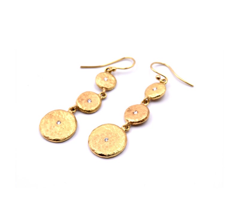 18 Karat Yellow Gold Hammered Diamond 3-Disc Drop Earrings at 1stDibs