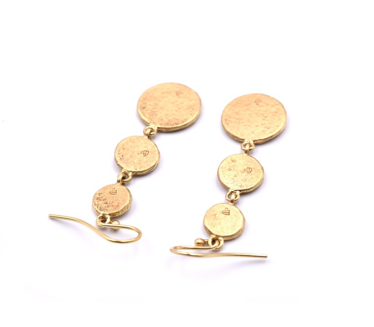 18 Karat Yellow Gold Hammered Diamond 3-Disc Drop Earrings at 1stDibs