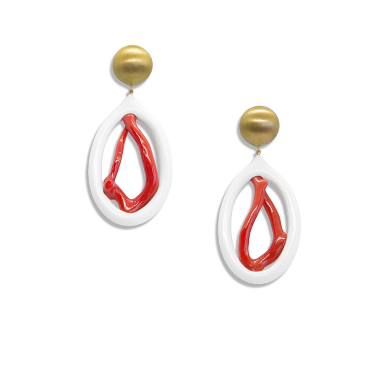 18K Yellow Gold Hand-Carved Coral Corian Drop Earrings For Sale at 1stDibs