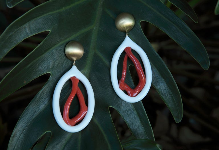 18K Yellow Gold Hand-Carved Coral Corian Drop Earrings For Sale at 1stDibs