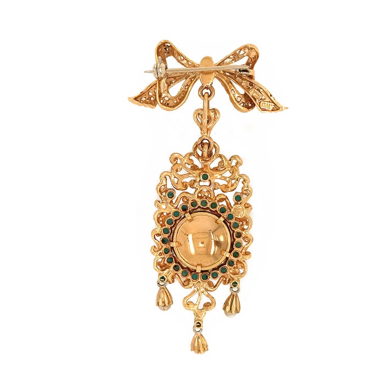 18 Karat Yellow Gold Hand Painted Hanging Brooch For Sale at 1stDibs