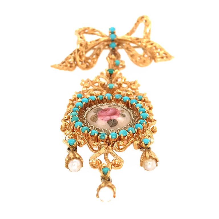18 Karat Yellow Gold Hand Painted Hanging Brooch For Sale at 1stDibs