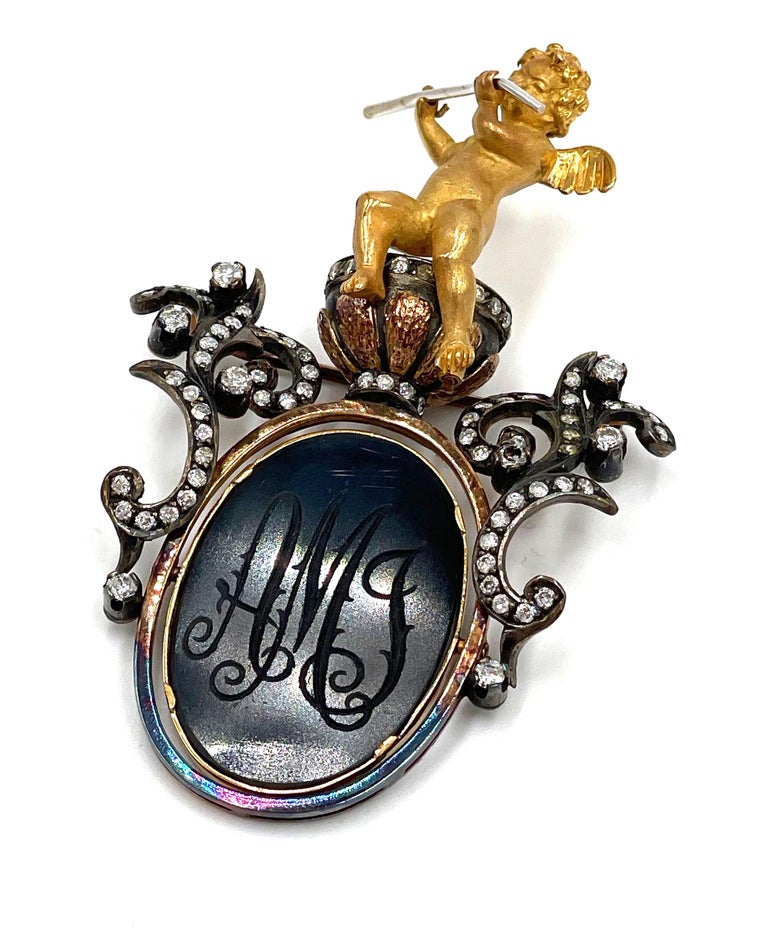 18K Yellow Gold Intaglio and Diamond Brooch-Pendant For Sale at 1stDibs