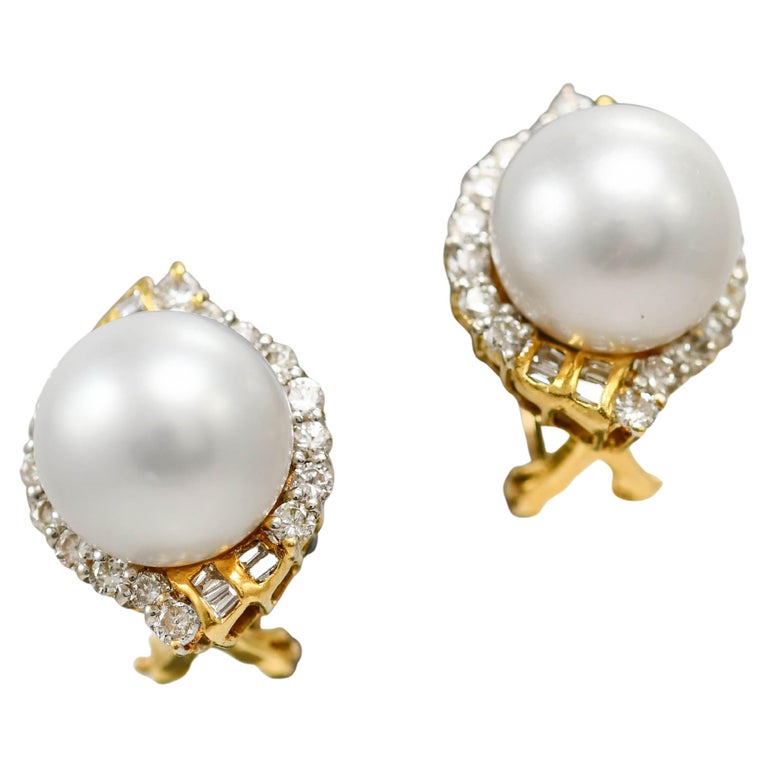 18k Yellow Gold Ladies Saltwater Cultured Pearl and Diamond Earrings ...